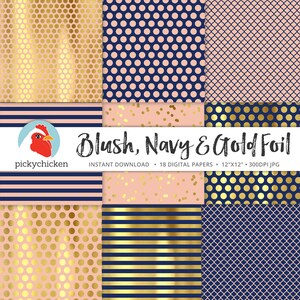 Gold Foil Digital Paper - Gold Navy & Blush, Gold Dots Stripes Confetti ...
