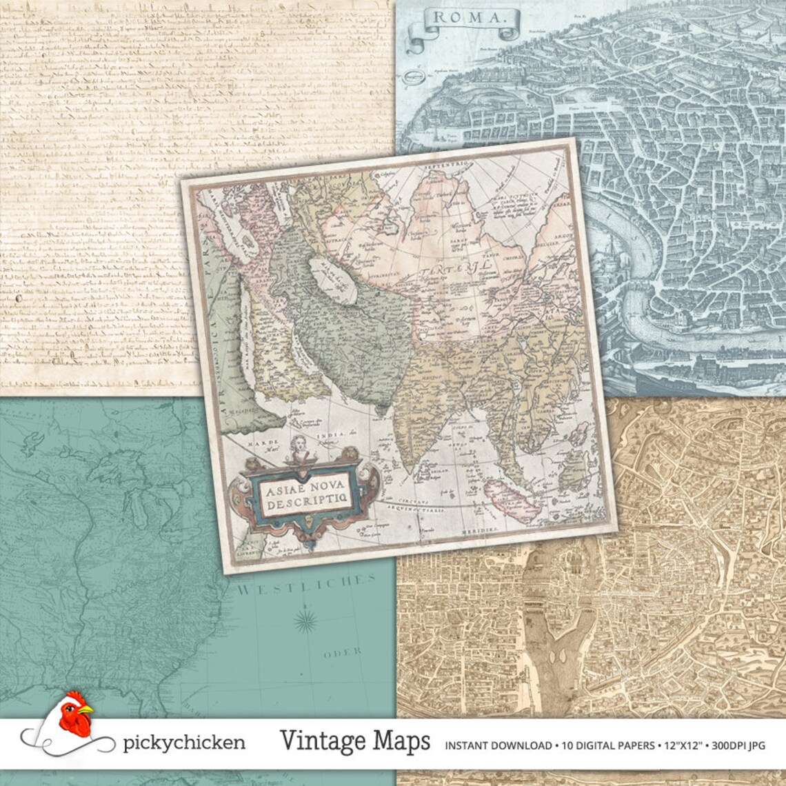 Vintage Maps Digital Papers #2 - 10 Pages of Scrapbooking Backgrounds ...