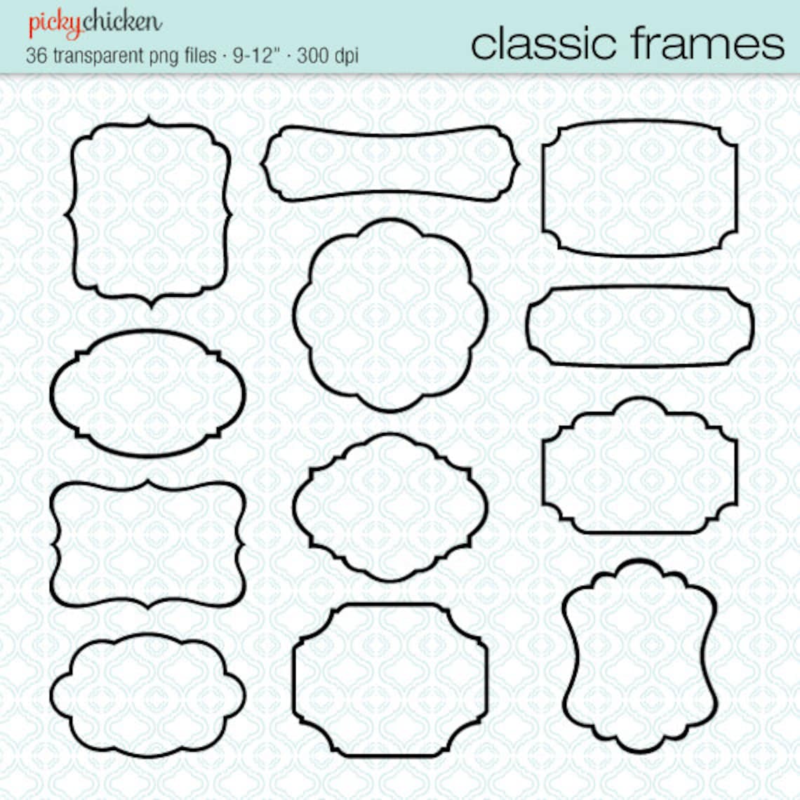 36 Classic Frames - Black White Digital Printable Labels Clip Art Tags ...