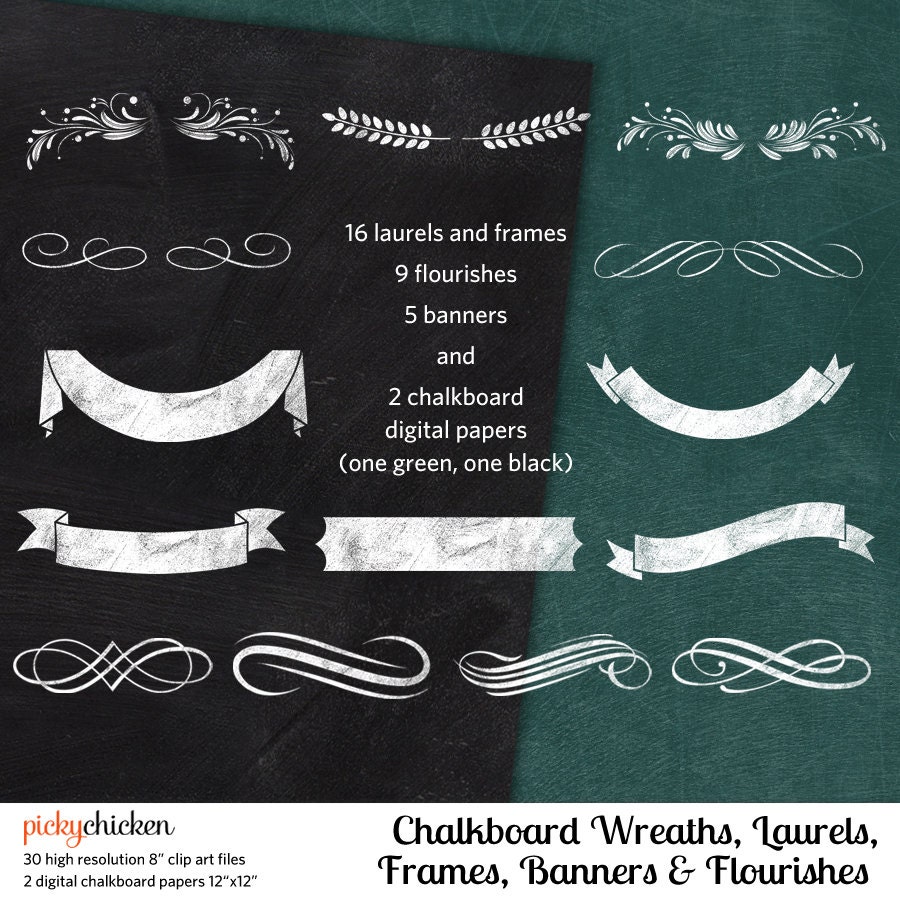 Chalkboard Laurels Wreaths Banners Frames and Flourishes | Etsy