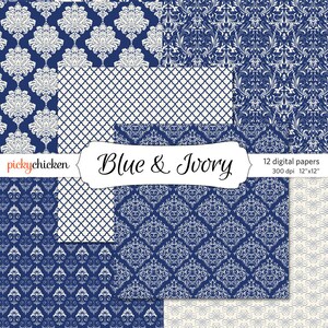 Blue Damask Digital Paper - Ivory & Navy Formal Background Paper 12x12 ...