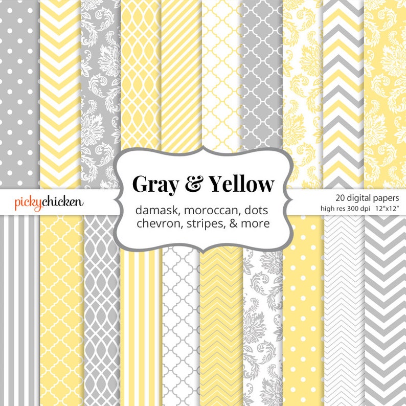 Yellow & Gray Digital Paper - Damask Chevron Digital Paper Polka Dots ...