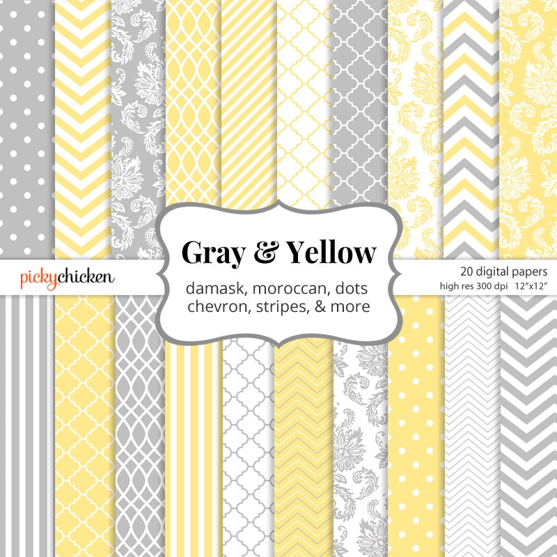 Yellow & Gray Digital Paper - Damask Chevron Digital Paper Polka Dots ...