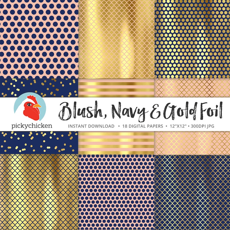Gold Foil Digital Paper Gold Navy & Blush gold dots stripes | Etsy