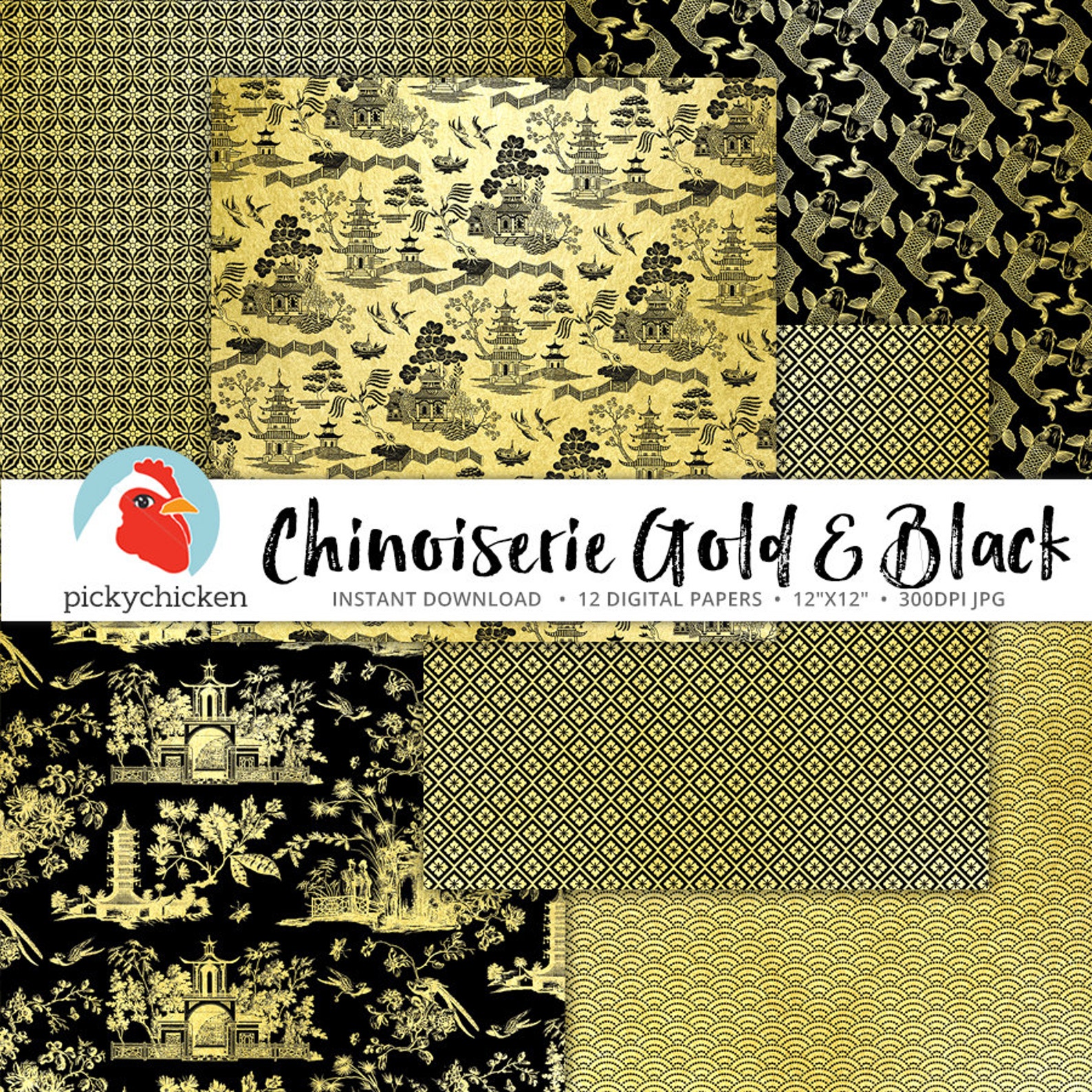 Chinoiserie Digital Paper Gold & Black Chinese Patterns - Etsy