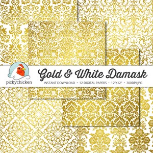 Gold & White Damask Digital Paper - Gold Foil Wedding Printable Damask ...