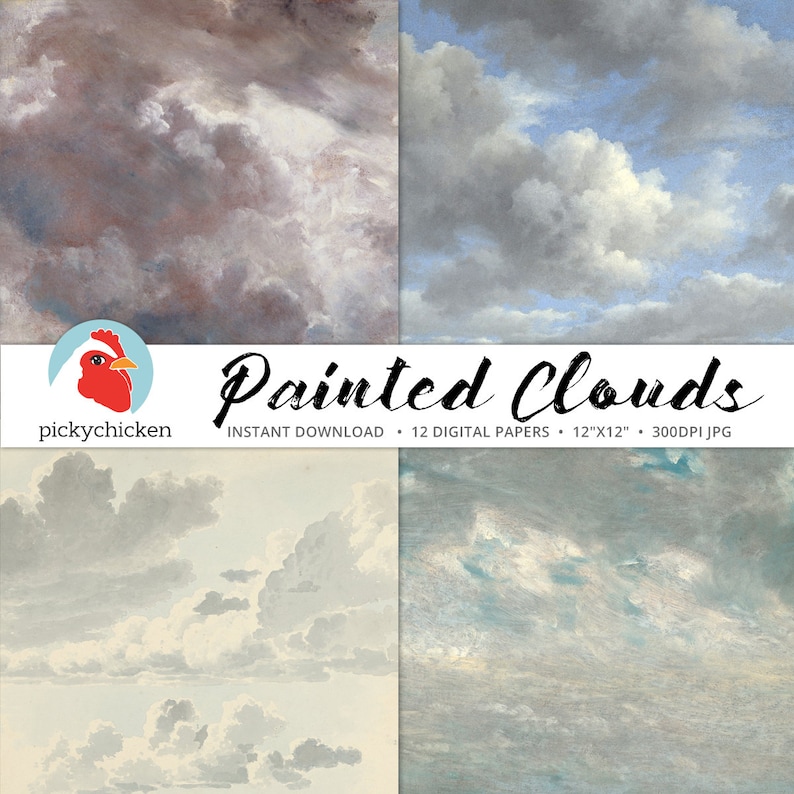 Painted Clouds - Vintage Look Digital Scrapbook Paper Painted Artist's ...