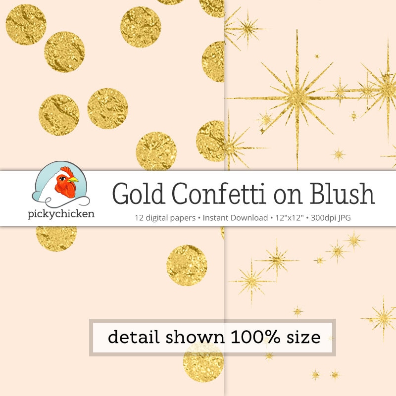 Gold Confetti on Blush Digital Paper - Faux Gold Foil Wedding Peach ...