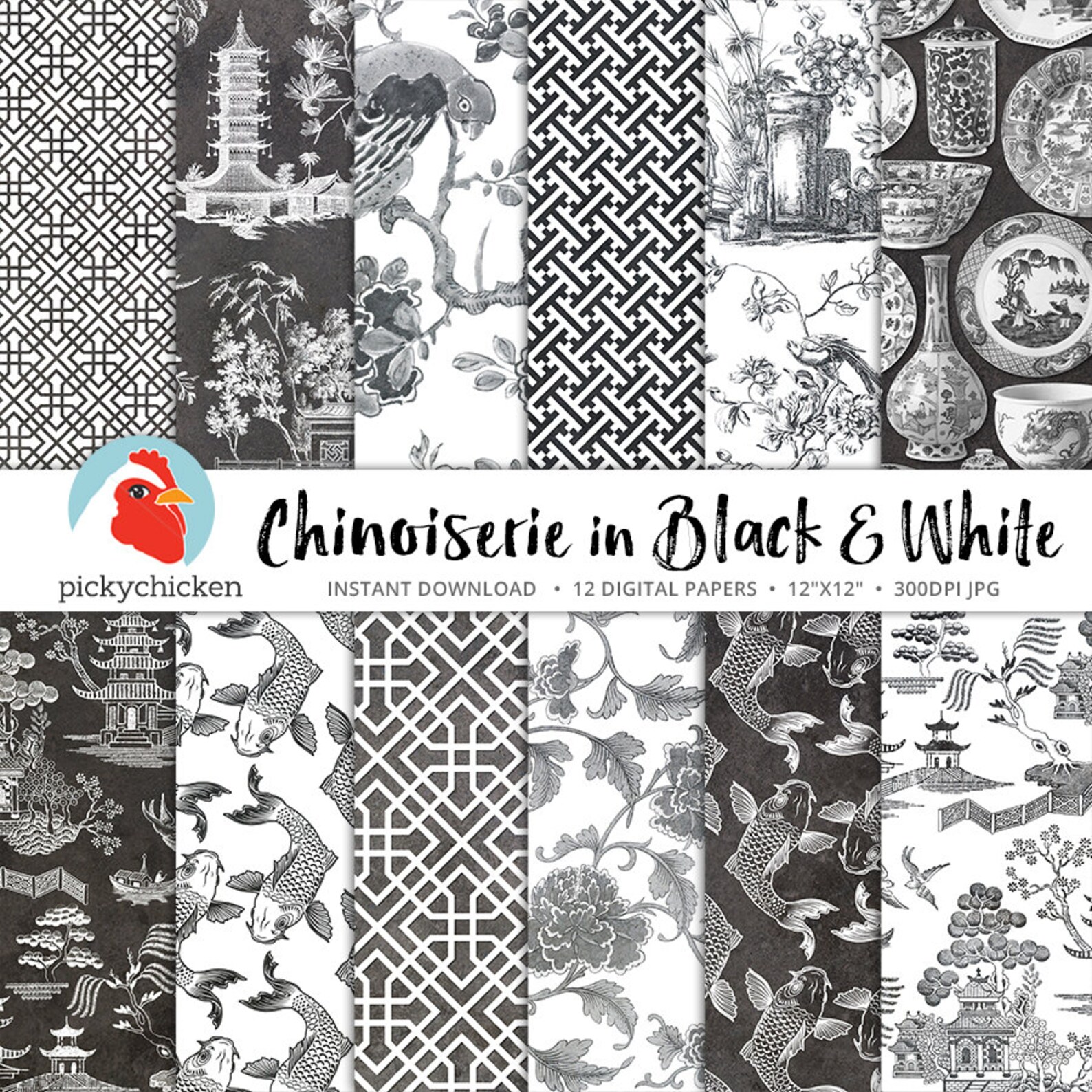 Chinoiserie Digital Paper, Chinese Patterns, Black & White Paper, Gray ...