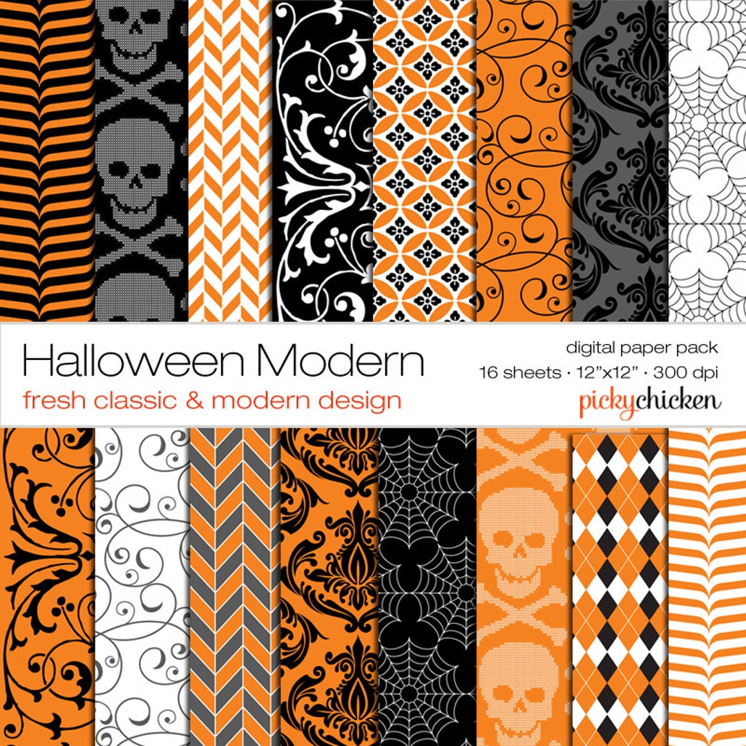 Halloween Digital Paper - Modern Prints Damask, Skulls, Orange, Black ...