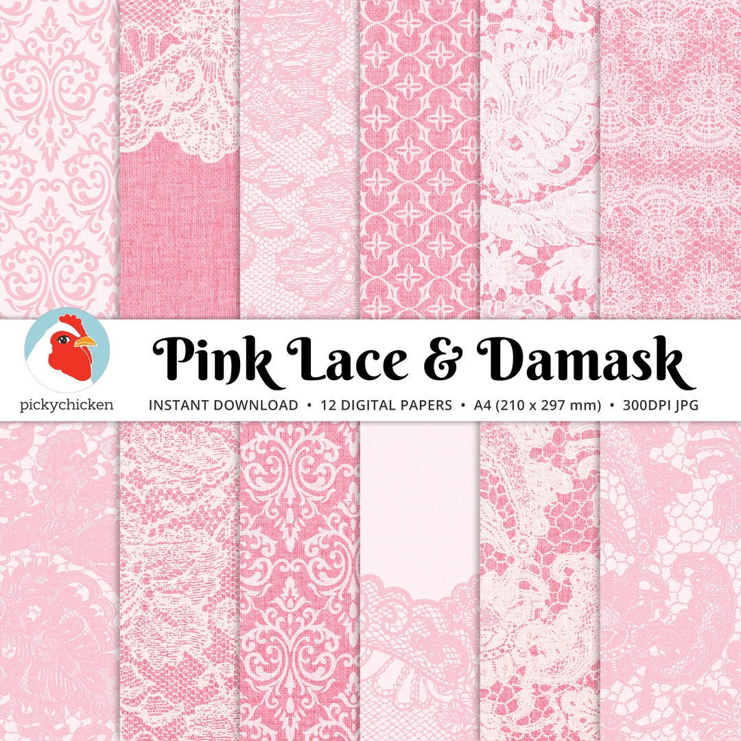 Pink Digital Paper Lace & Damask on Linen A4 Paper Size - 12 ...