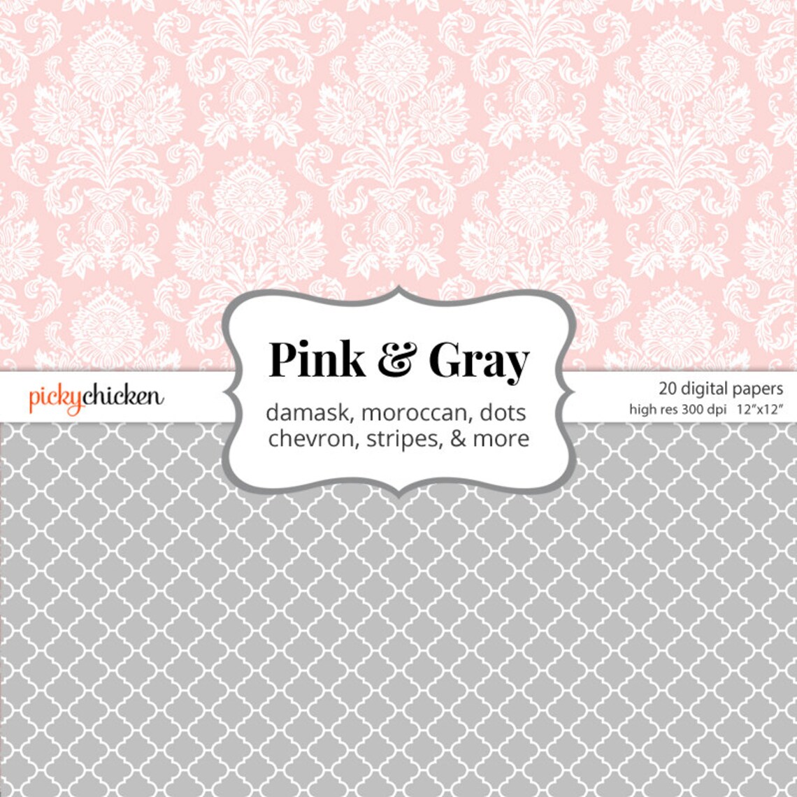 Pink & Gray Digital Paper - Damask Chevron Digital Paper Polka Dots ...