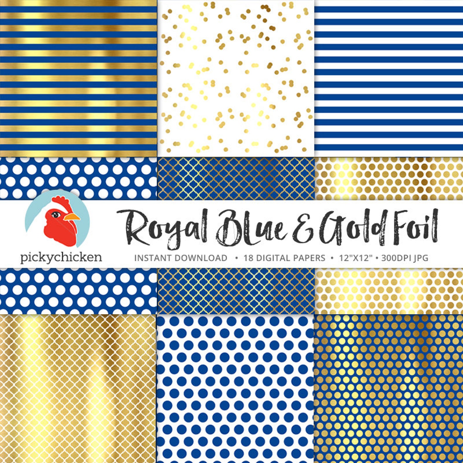 Gold Foil Digital Paper Royal Blue & Gold Gold Dots Stripes - Etsy