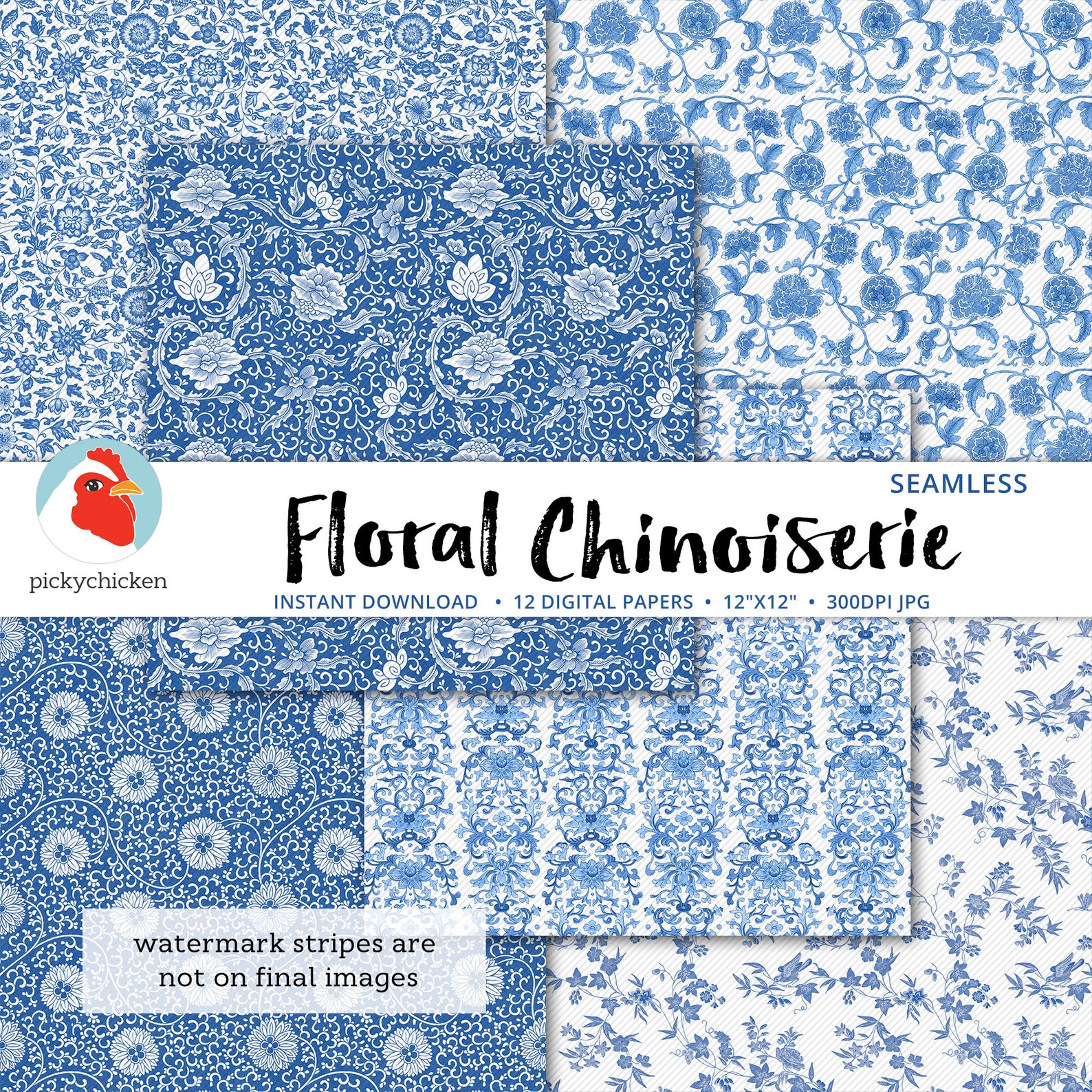 Chinoiserie Floral Digital Paper, Seamless French Flower Patterns, Blue ...