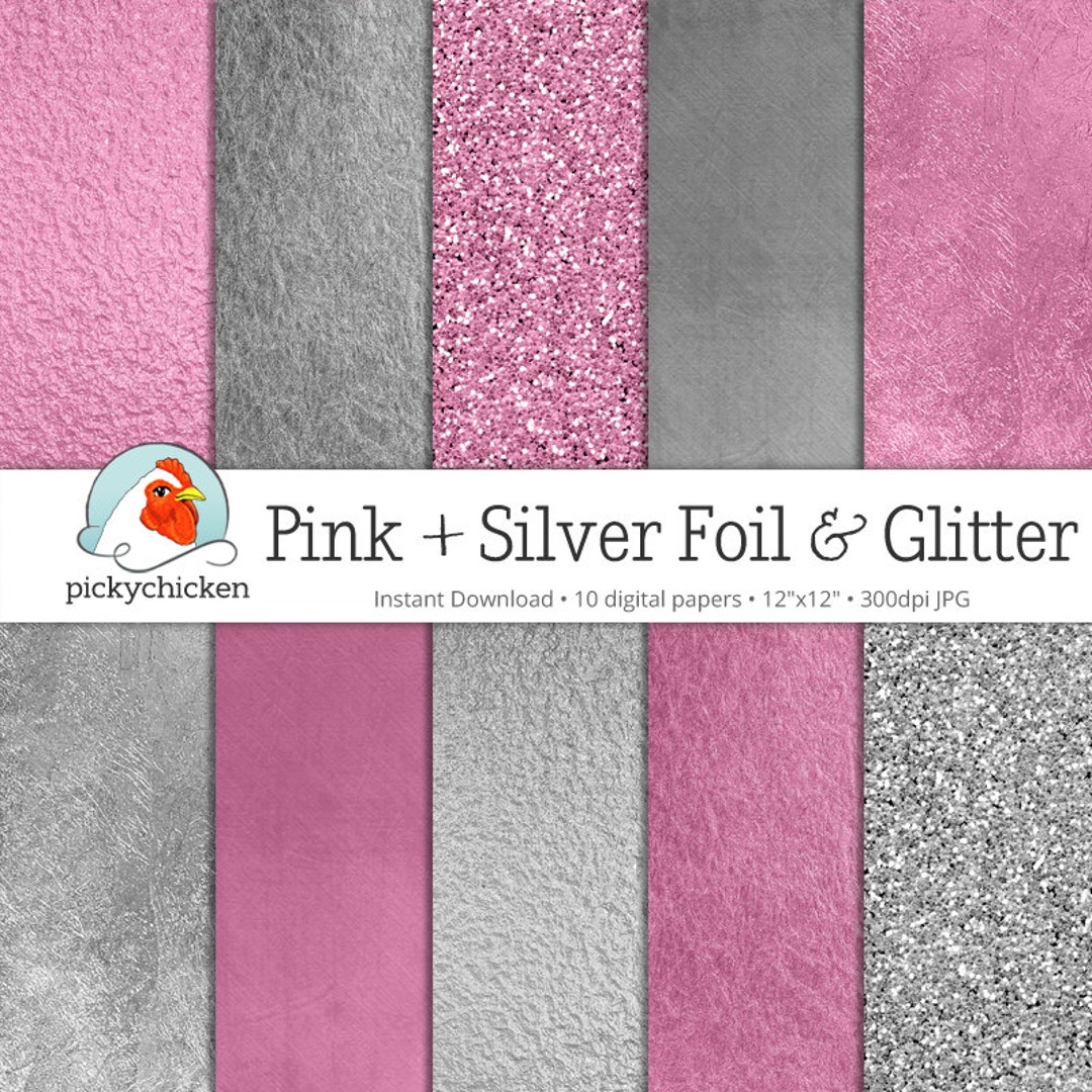 Silver Foil Digital Paper + Pink Digital Paper + Silver Glitter Paper ...