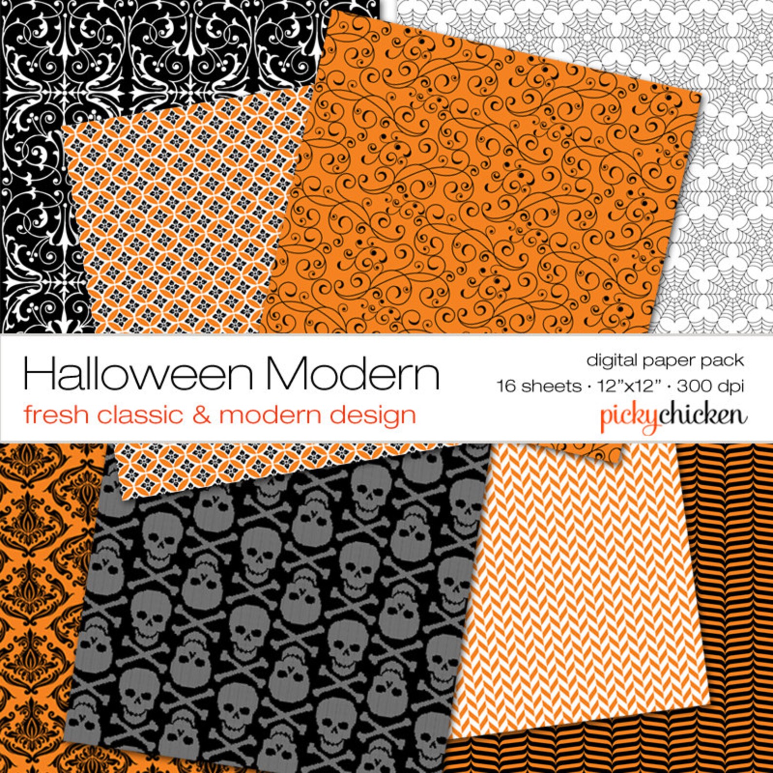 Halloween Digital Paper Modern Prints Damask Skulls - Etsy