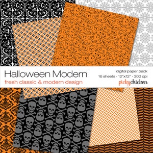 Halloween Digital Paper - Modern Prints Damask, Skulls, Orange, Black ...