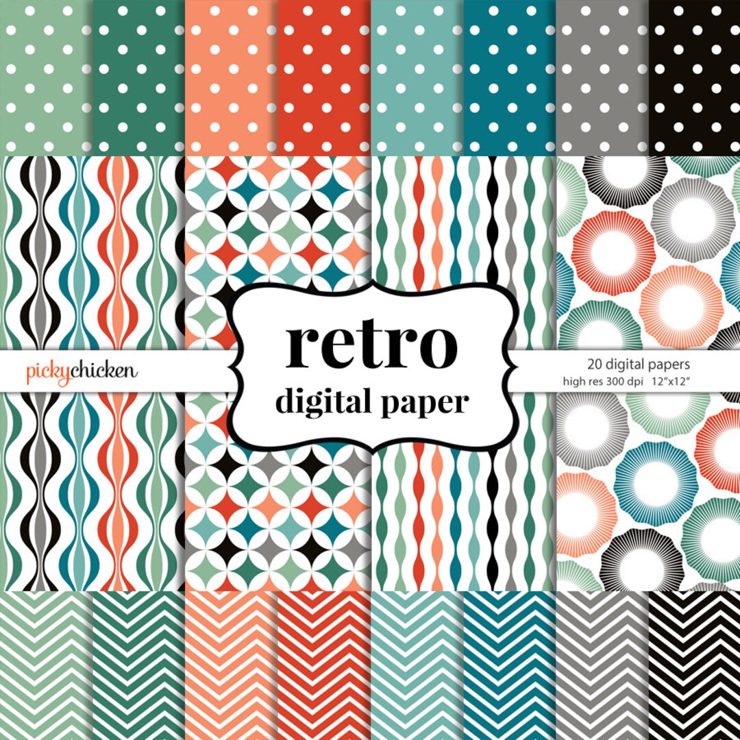 Retro Digital Paper - Chevrons Polka Dots Vintage Patterns Mid Century ...