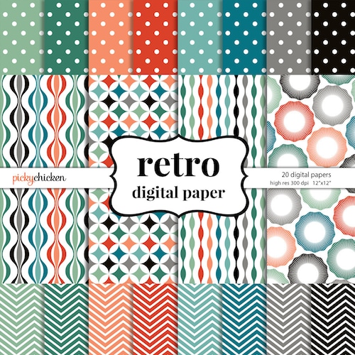 Retro Digital Paper Chevrons Polka Dots Vintage Patterns Mid | Etsy