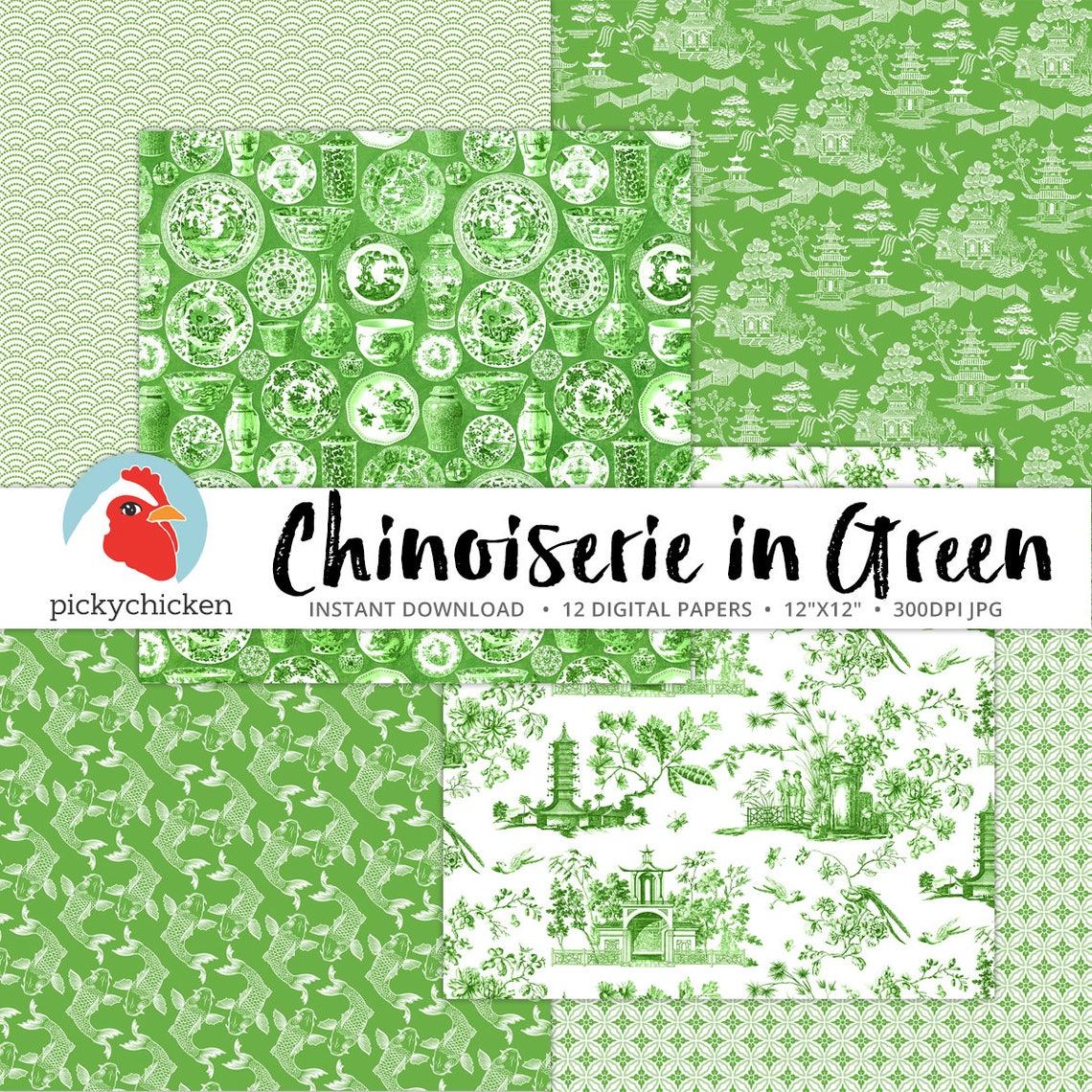Chinoiserie Digital Paper, Chinese Patterns, Green & White Paper ...