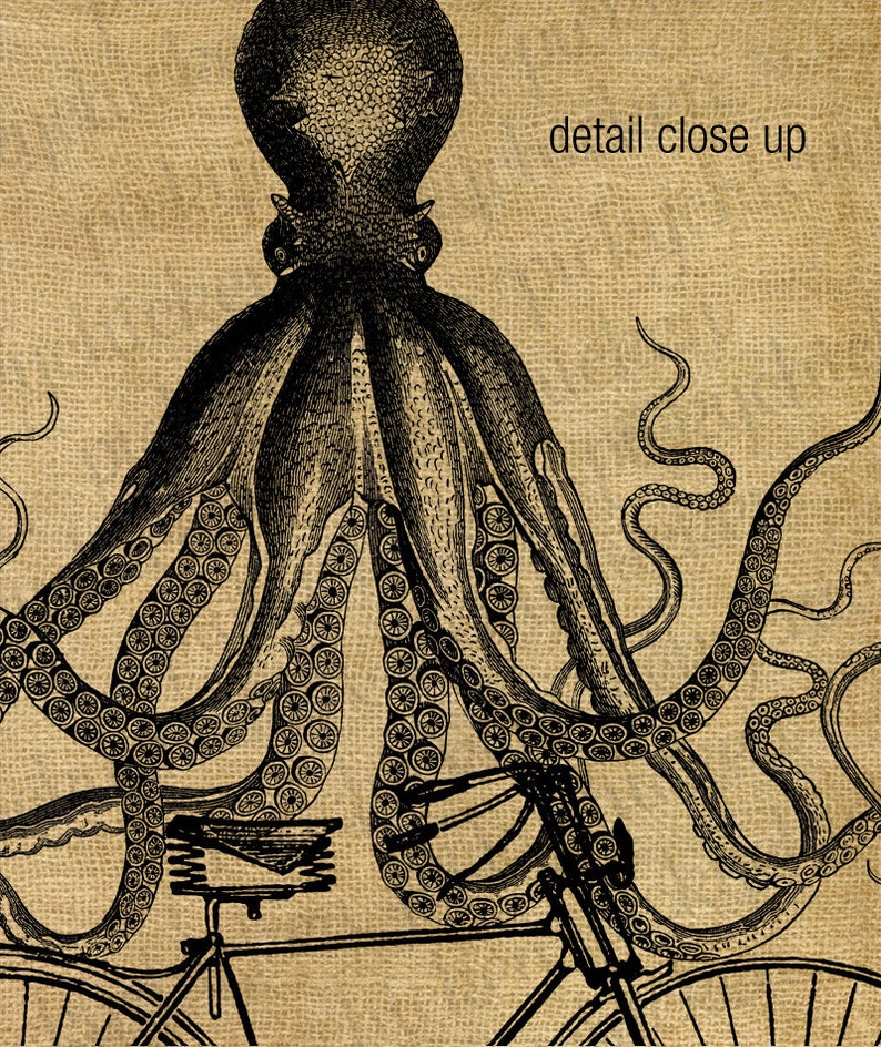 Octopus on a Bike - Vintage Illustration - 8x10 Digital INSTANT ...