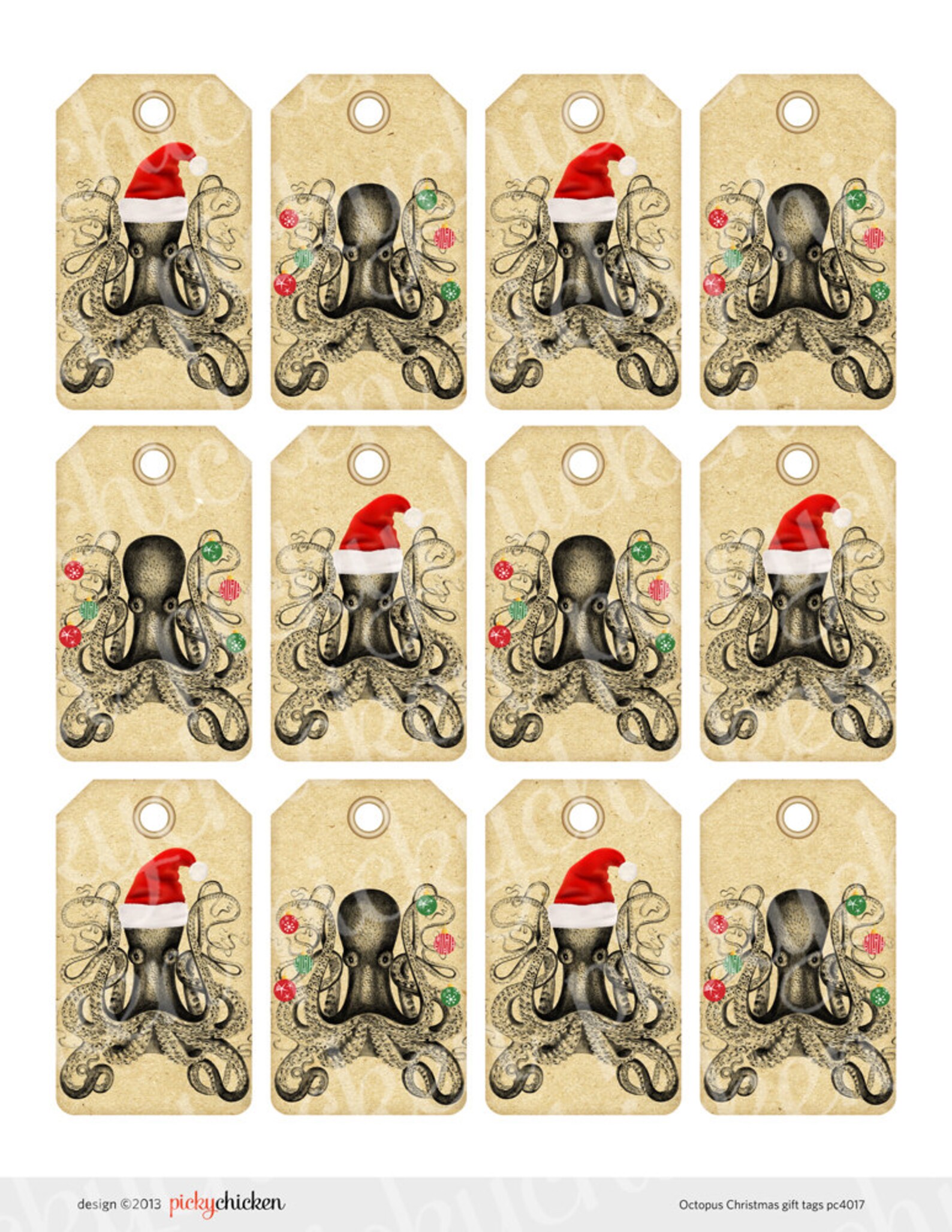 Octopus Printable Christmas Tags - Santa Hat Ornaments Gift Tags Hang ...