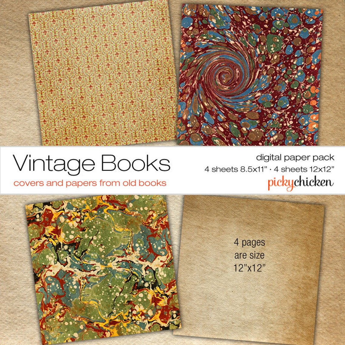 Vintage Books Digital Paper Marbled Paper Literary Theme - Etsy