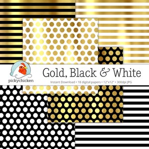 Gold Foil Digital Paper - Gold Black & White, Gold Glam Dots Stripes ...