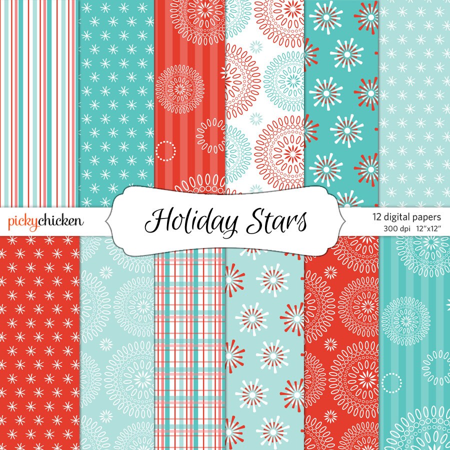 Christmas Digital Paper Holiday Stars winter snowflakes red | Etsy