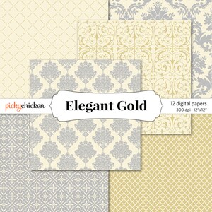Gold Damask Digital Paper - Silver, Cream, Gray, Wedding Invitations ...