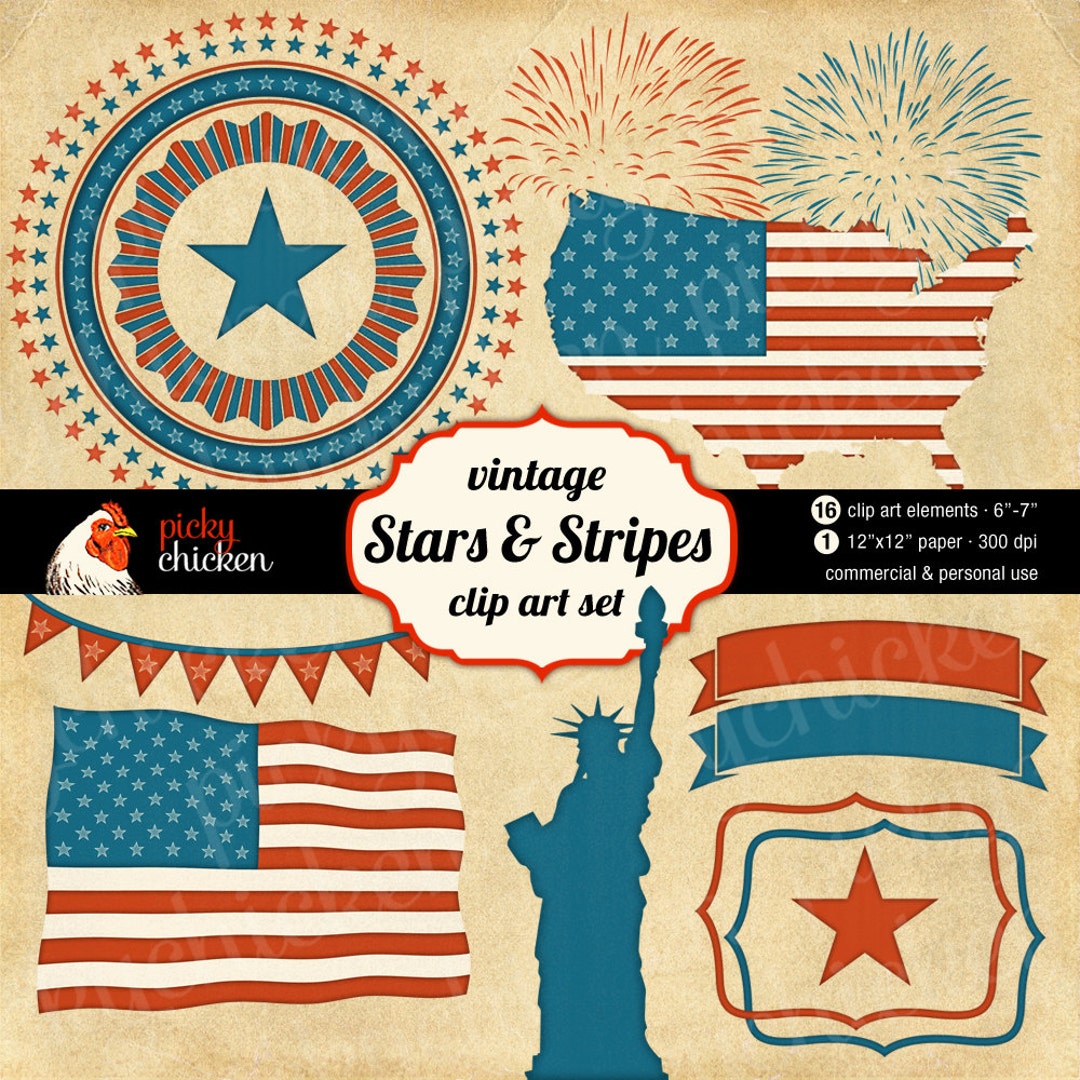 Stars & Stripes Clip Art Set - Vintage July 4th Patriotic Independence ...