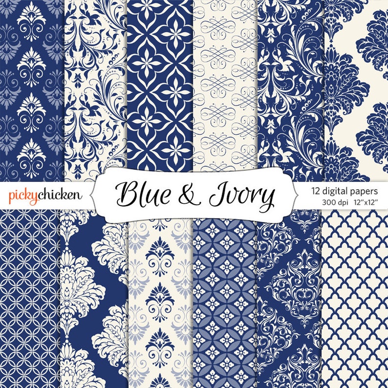 Blue Damask Digital Paper - Ivory & Navy Formal Background Paper 12x12 ...
