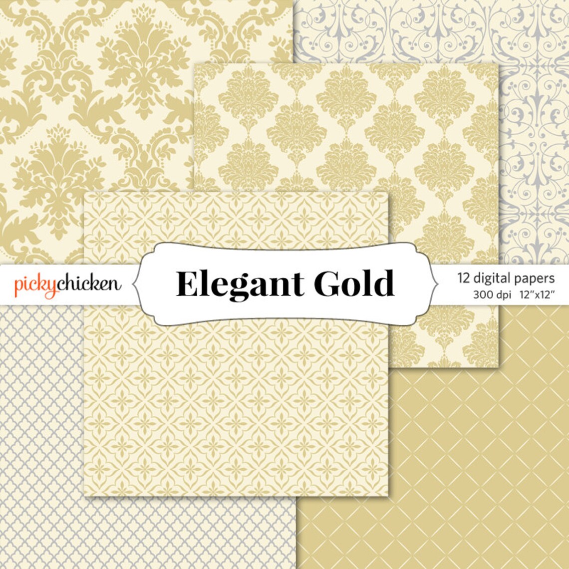 Gold Damask Digital Paper Silver Cream Gray Wedding | Etsy
