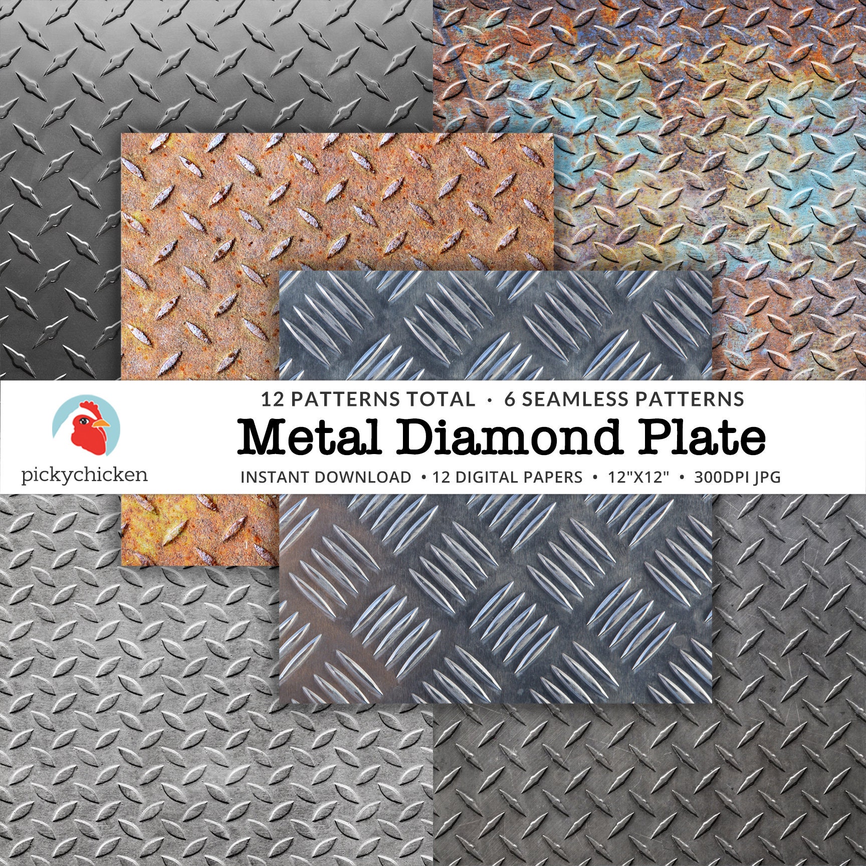 Metal Diamond Plate Digital Paper, 12 Patterns / 6 Seamless Dye ...