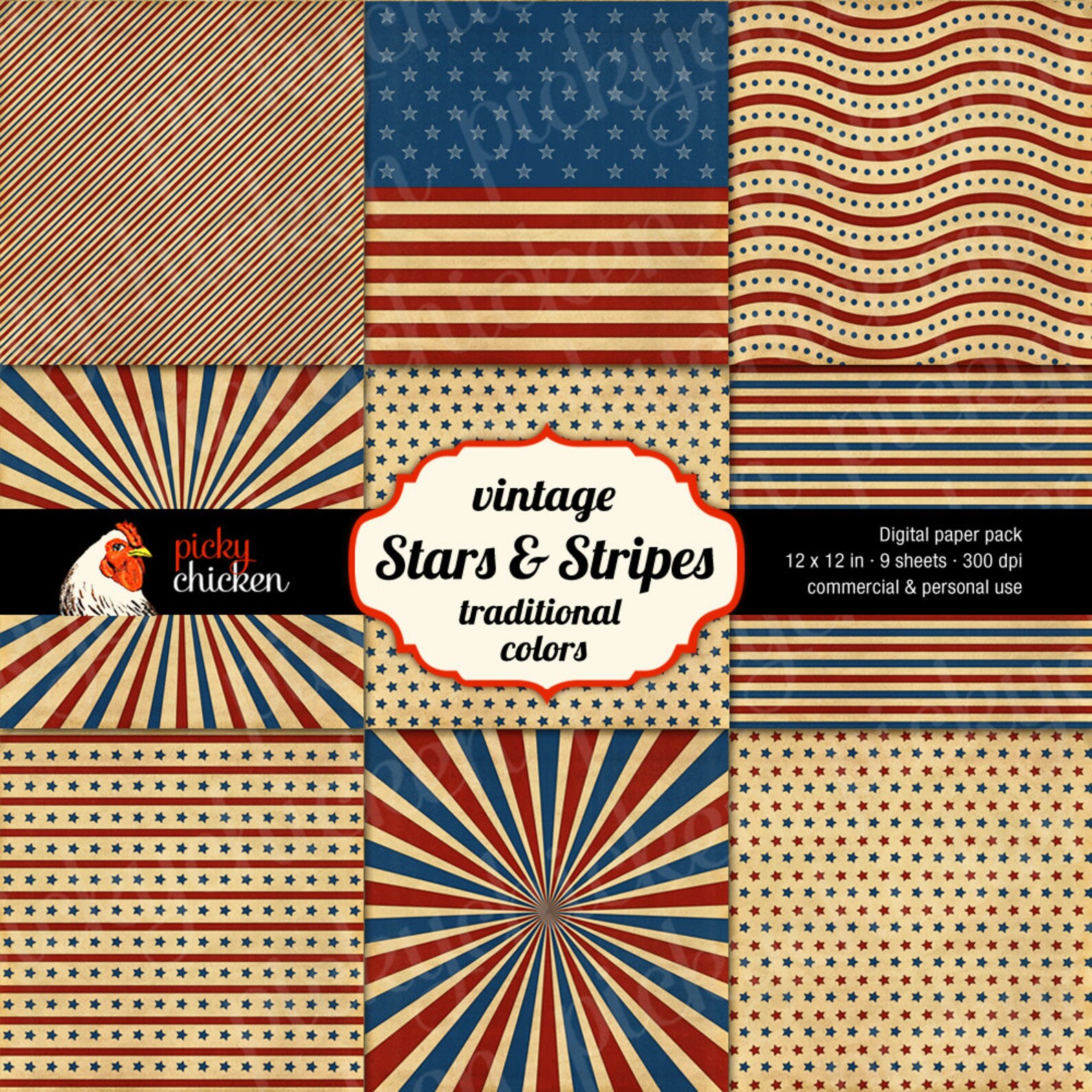 Stars & Stripes Digital Background Paper Vintage July 4th Patriotic ...