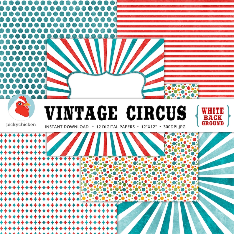 Circus Digital Paper White Background - Vintage Party, Carnival ...