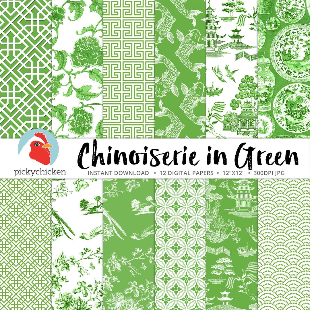 Chinoiserie Digital Paper, Chinese Patterns, Green & White Paper ...