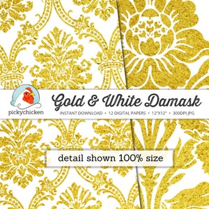 Gold & White Damask Digital Paper - Gold Foil Wedding Printable Damask ...