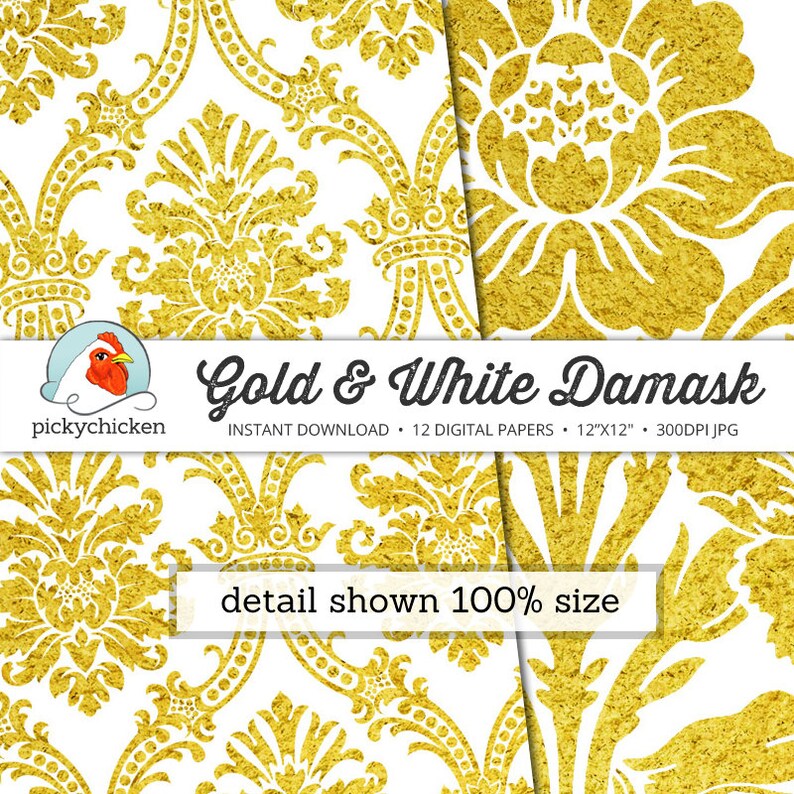 Gold & White Damask Digital Paper gold foil wedding | Etsy