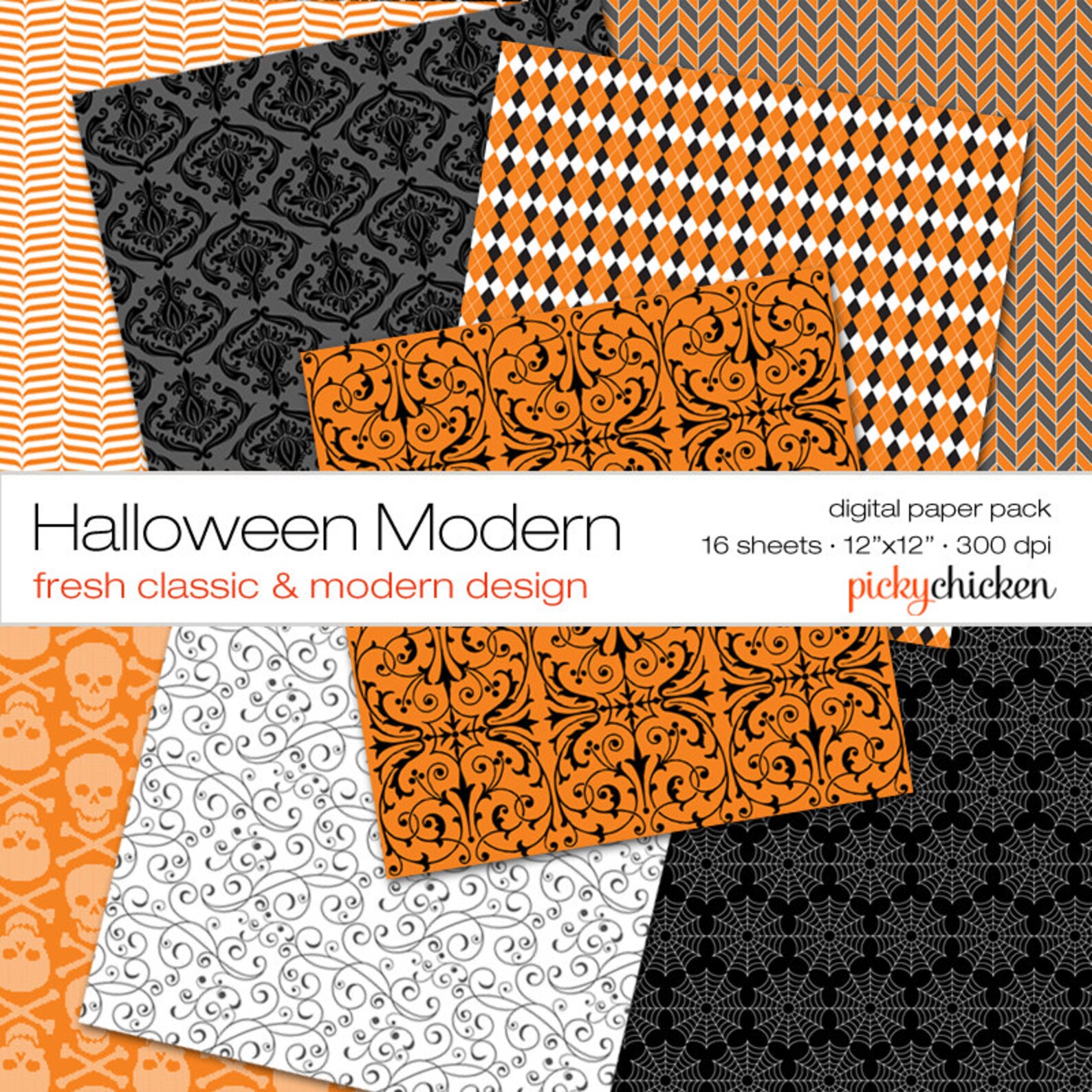 Halloween Digital Paper Modern Prints Damask Skulls - Etsy