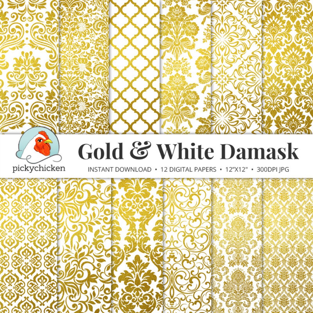 Gold & White Damask Digital Paper - Gold Foil Wedding Printable Damask ...