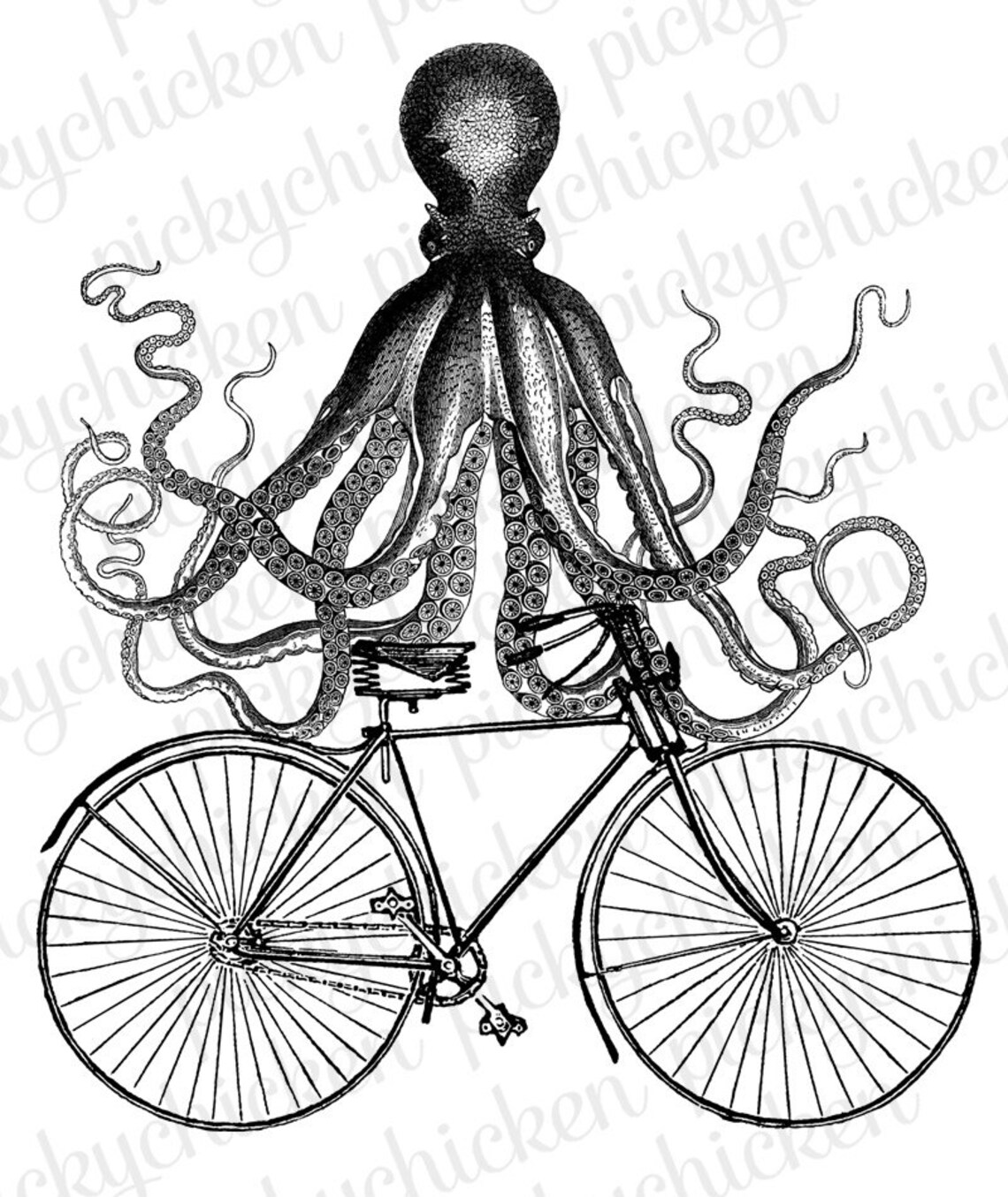 Octopus on a Bike - Vintage Illustration - 8x10 Digital INSTANT ...