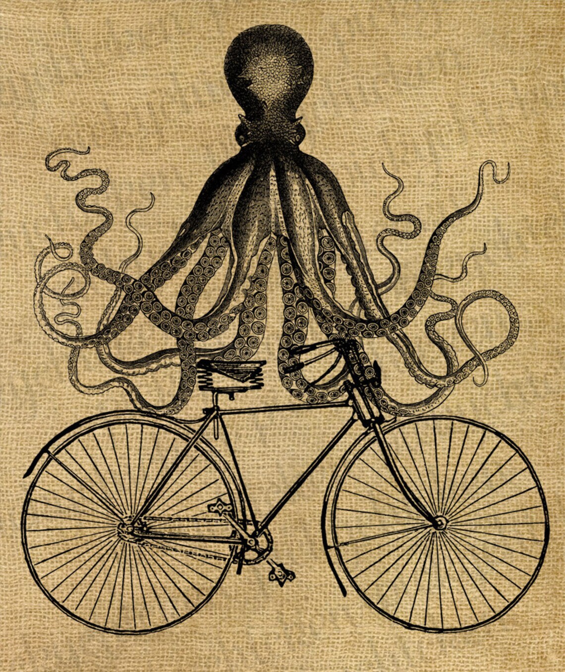 Octopus on a Bike - Vintage Illustration - 8x10 Digital INSTANT ...