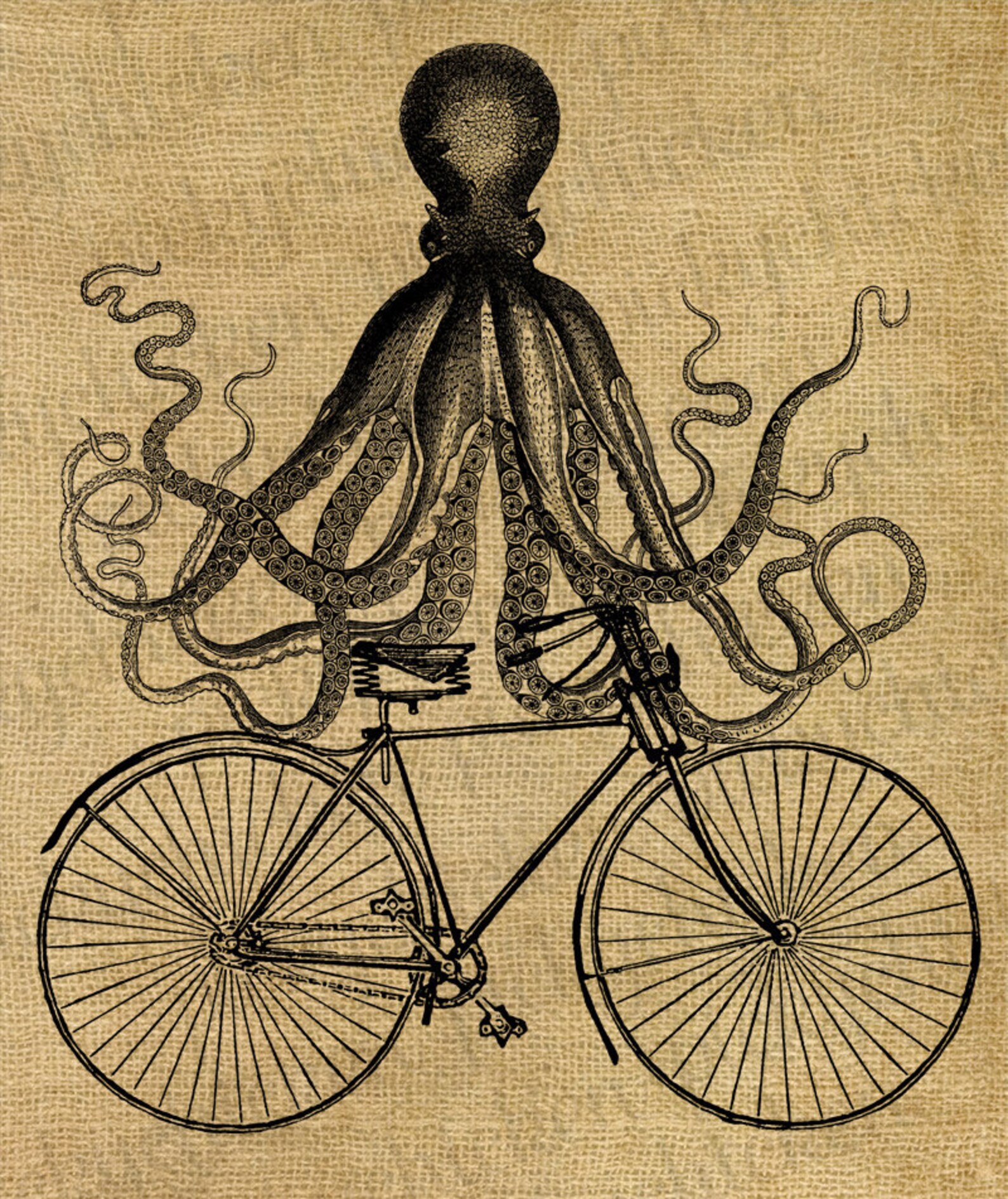 Octopus on a Bike Vintage Illustration 8x10 Digital INSTANT DOWNLOAD ...