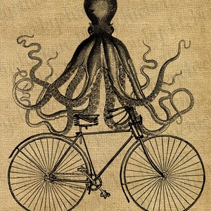 Octopus on a Bike - Vintage Illustration - 8x10 Digital INSTANT ...