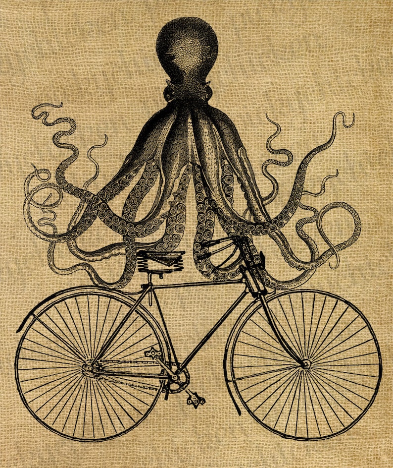 Octopus on a Bike - Vintage Illustration - 8x10 Digital INSTANT ...