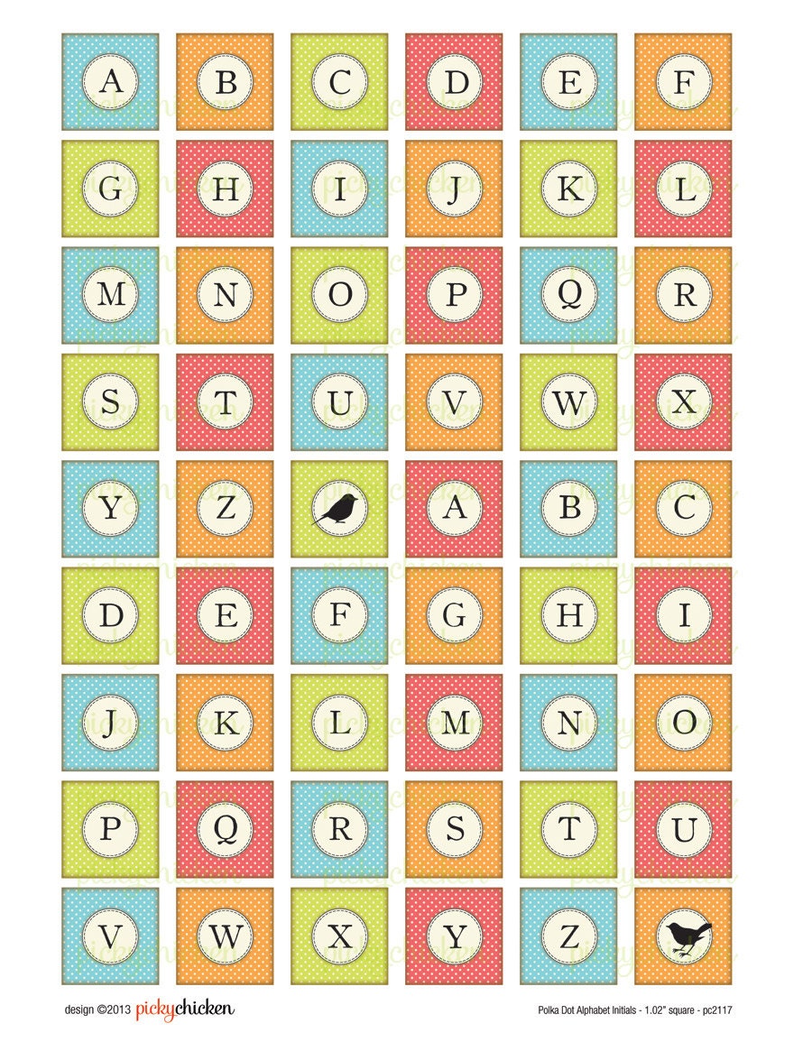 Polka Dot Alphabet Initials - 1 Inch Squares 25mm - Orange Rose Lime ...