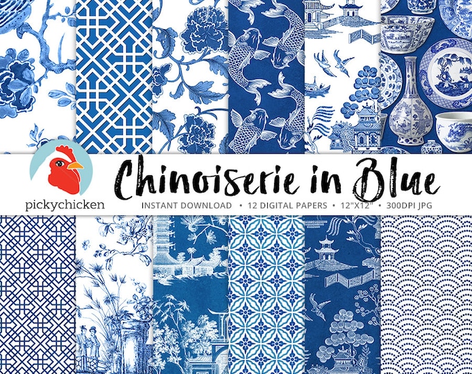 Chinoiserie Digital Paper, Chinese Patterns, Green & White Paper ...