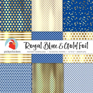 Gold Foil Digital Paper - Royal Blue & Gold, Gold Dots Stripes Confetti ...