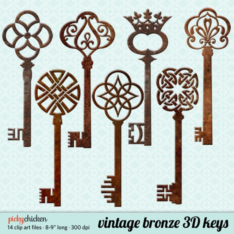 Vintage Bronze Keys Clip Art - 14 Rusty Metal 3D Skeleton Key Celtic ...